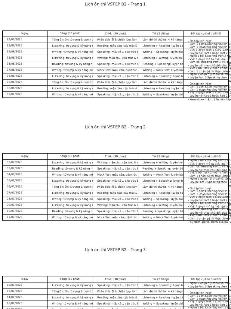Lich On Thi VSTEP B2 30ngay Chi Tiet | PDF