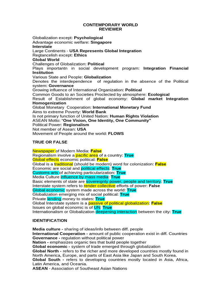 Contemporary World Reviewer | PDF | Globalization | Economies