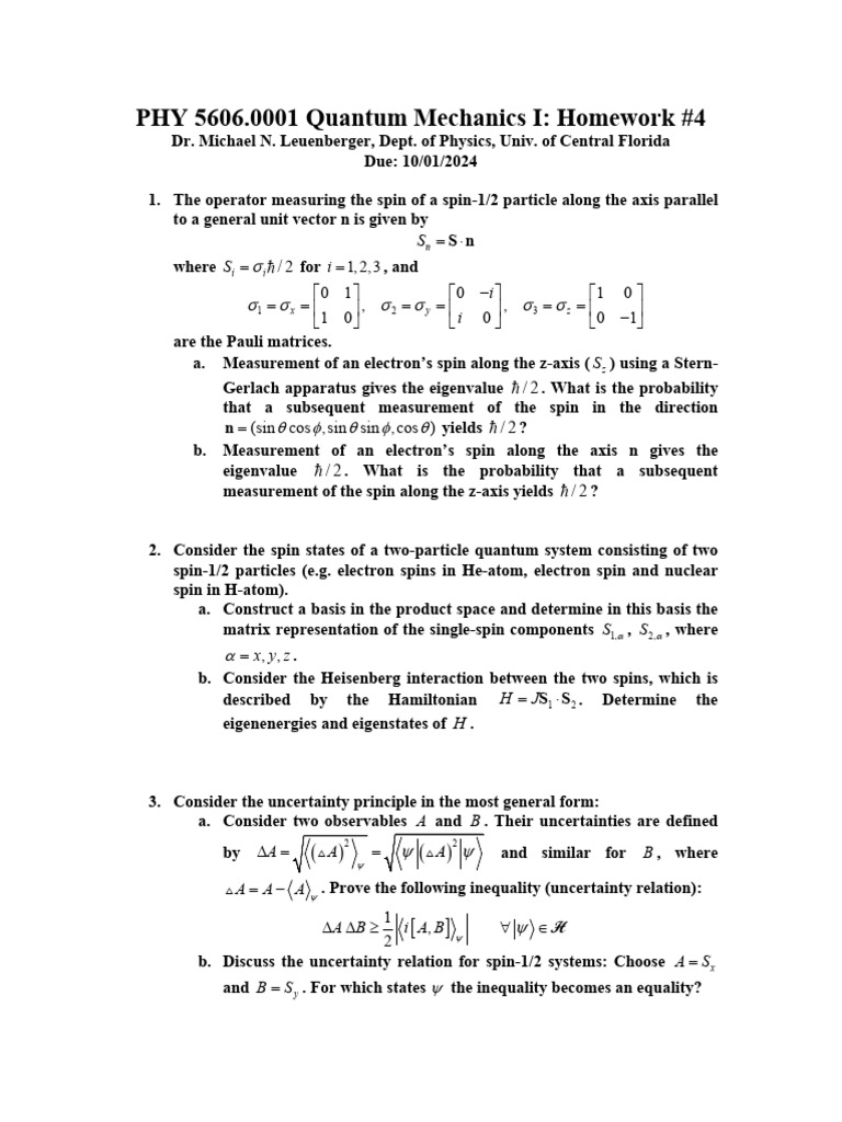 PHY 5606 - Quantum Mechanics I - Homework 4 - Fall 2024 | PDF | Spin ...