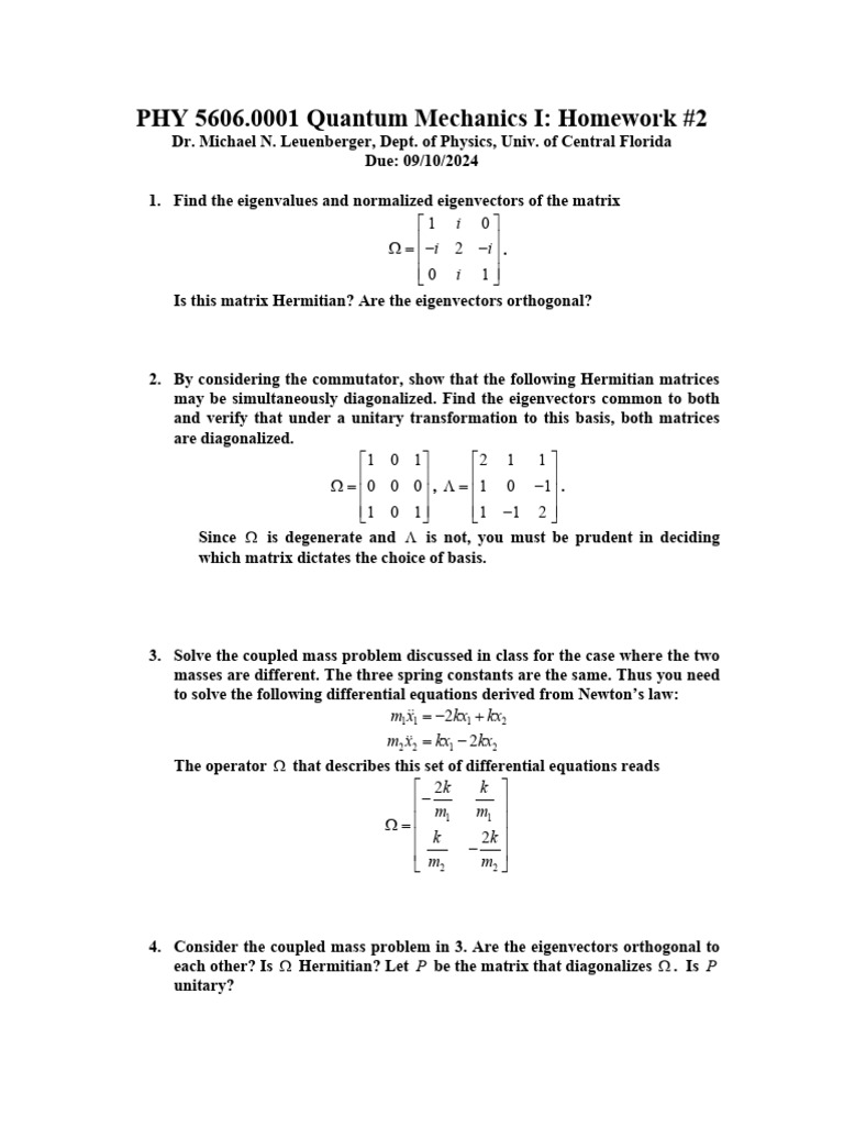 PHY 5606 - Quantum Mechanics I - Homework 2 - Fall 2024 | PDF