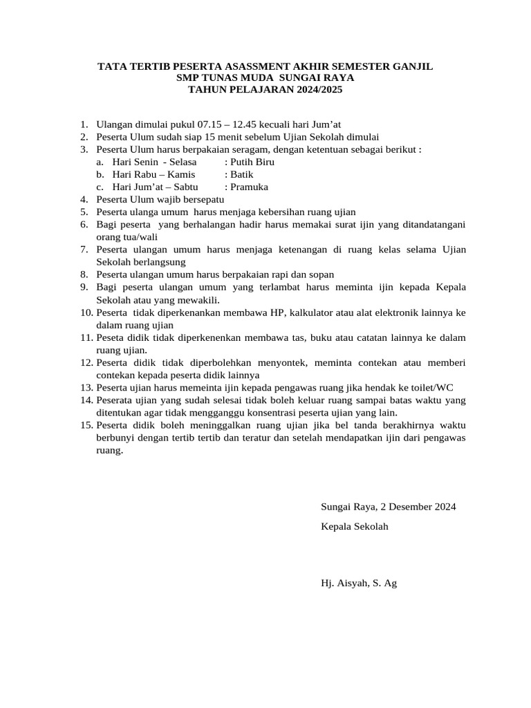 Tata Tertib Peserta Ujian Sekolah | PDF