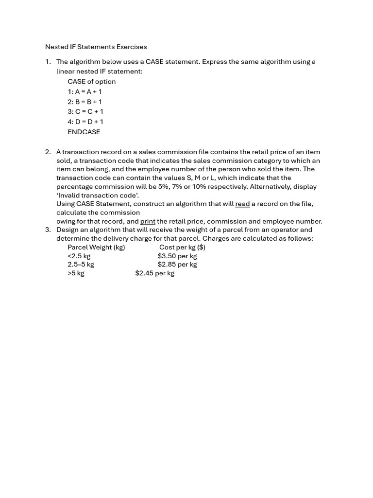 Nested IF Statements Exercises 2025 | PDF