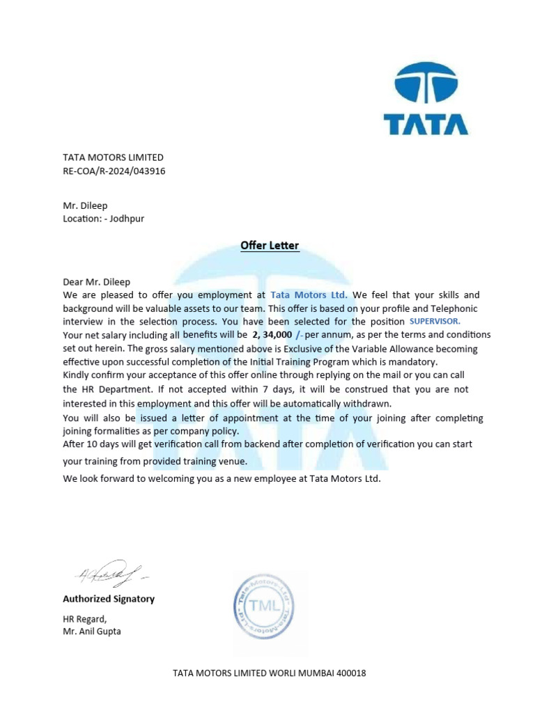 Tata Motors Offer Letter for Dileep | PDF | Economies | Business