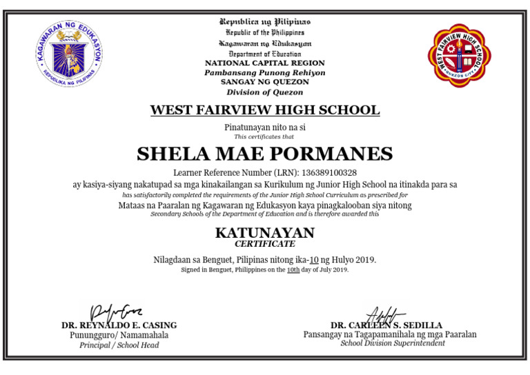 Junior High School Completion Certificate | PDF