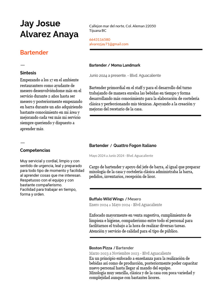 CV Jay 10-24 | PDF | Cócteles | Barman