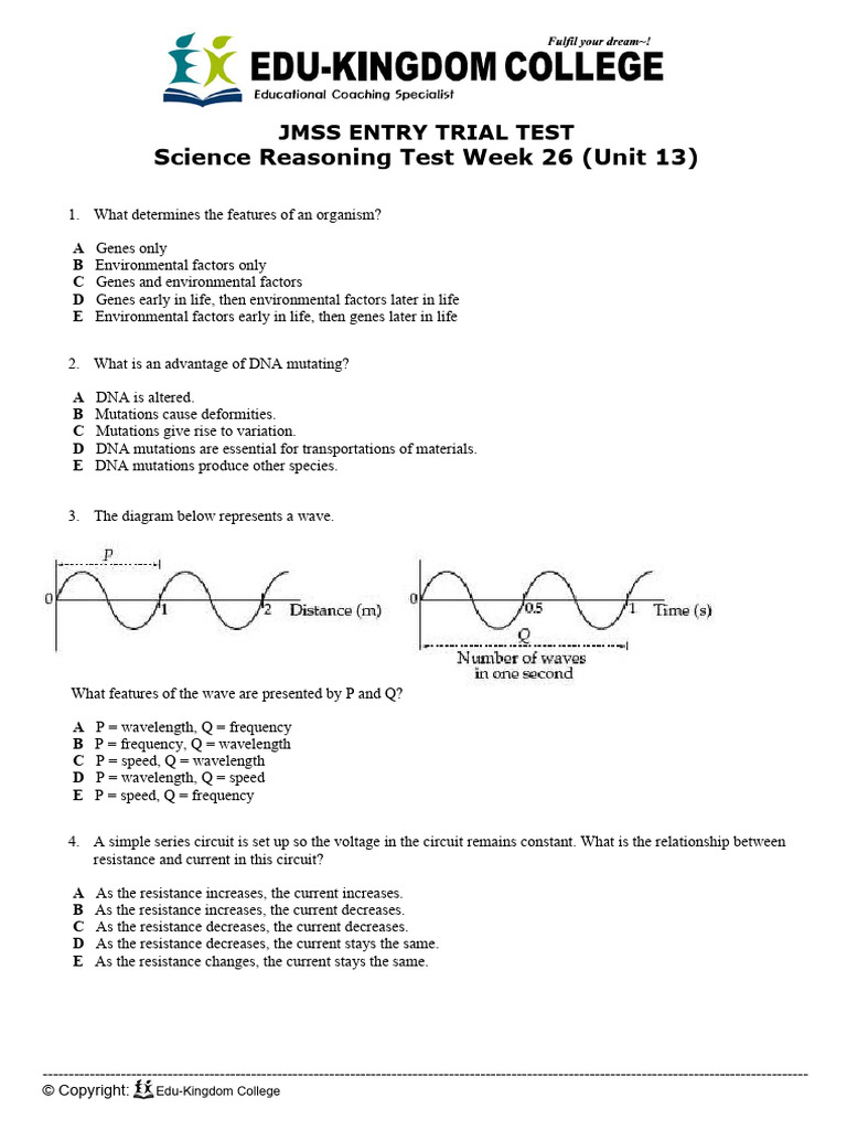 JMSS Science Reasoning Test Week 26 | PDF