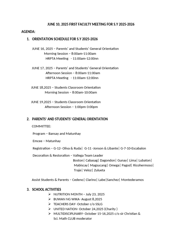 First Faculty Meeting Agenda For S.Y 2025 2026 | PDF | Chess Theory | Chess
