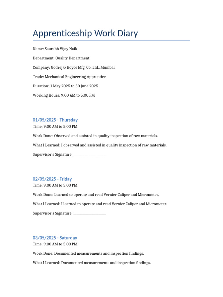 Apprenticeship Work Diary Saurabh Naik | PDF | Quality