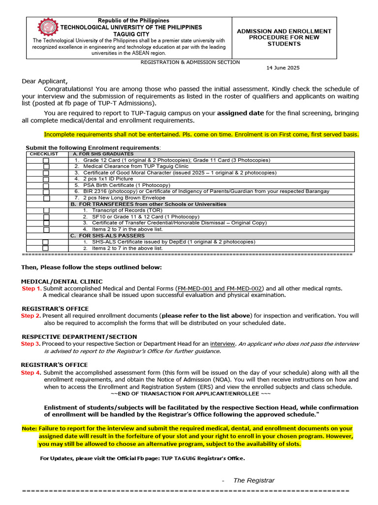 2526-1 Final Admission & Enrolment Procedure | PDF