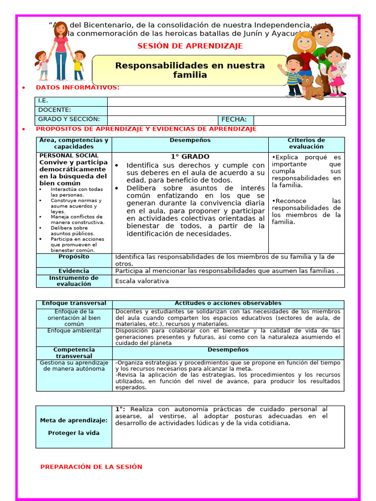 1º U3 S2 Sesion D1 PS Responsabilidades en Nuestra Familia | PDF | Evaluación | Aprendizaje