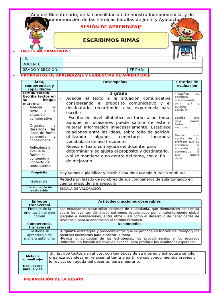 Rimas con Frutas y Verduras en Clase | PDF | Aprendizaje