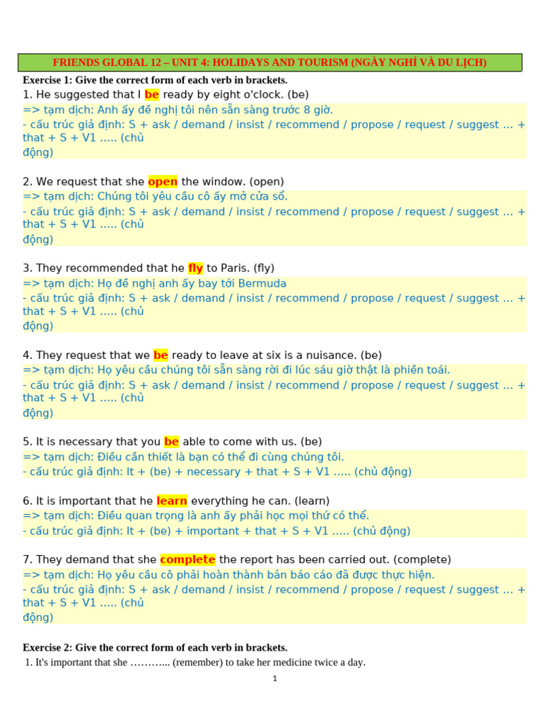 FG 12 - Unit 4 - Exercises - Keys | PDF