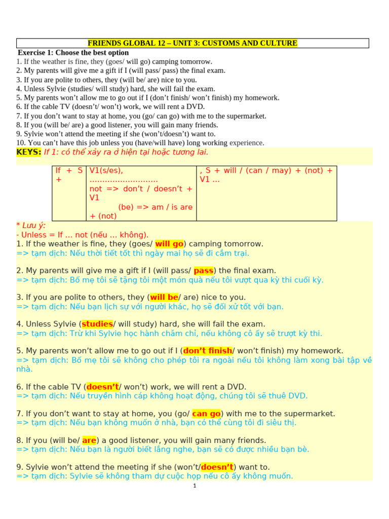 FG 12 - Unit 3 - Exercises - Keys | PDF