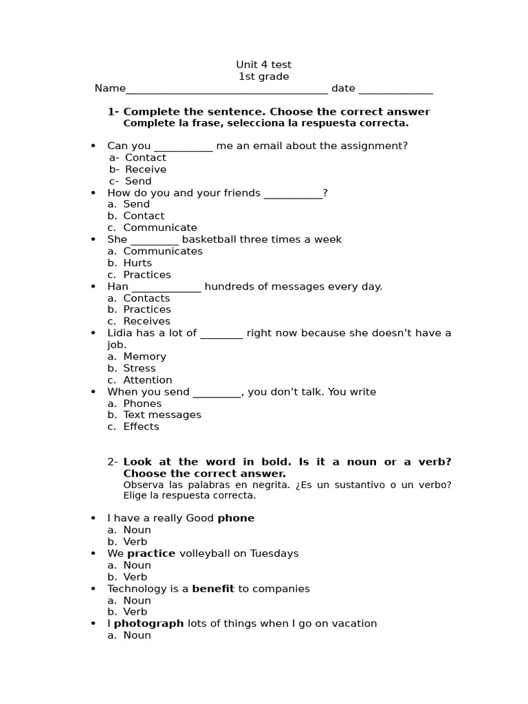 Unit 4 Test 1st Grade | PDF