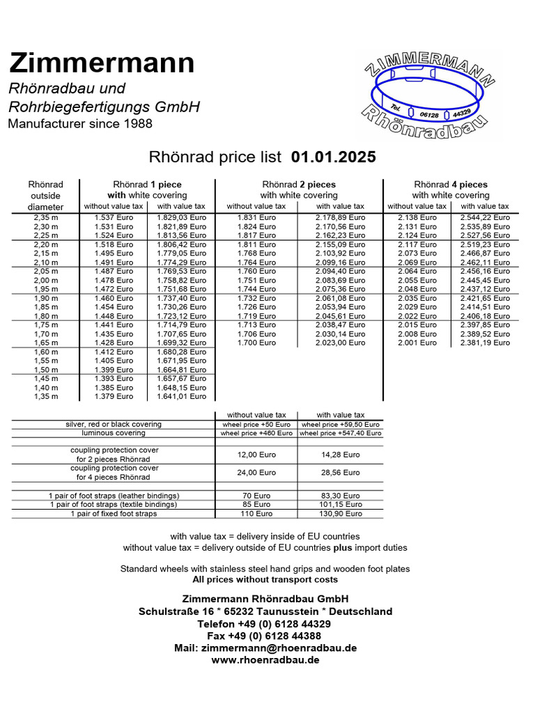 Rhönrad Price List 2025 by Zimmermann | PDF