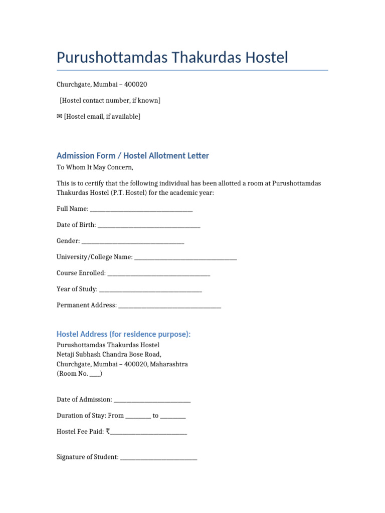 PT Hostel Admission Form | PDF