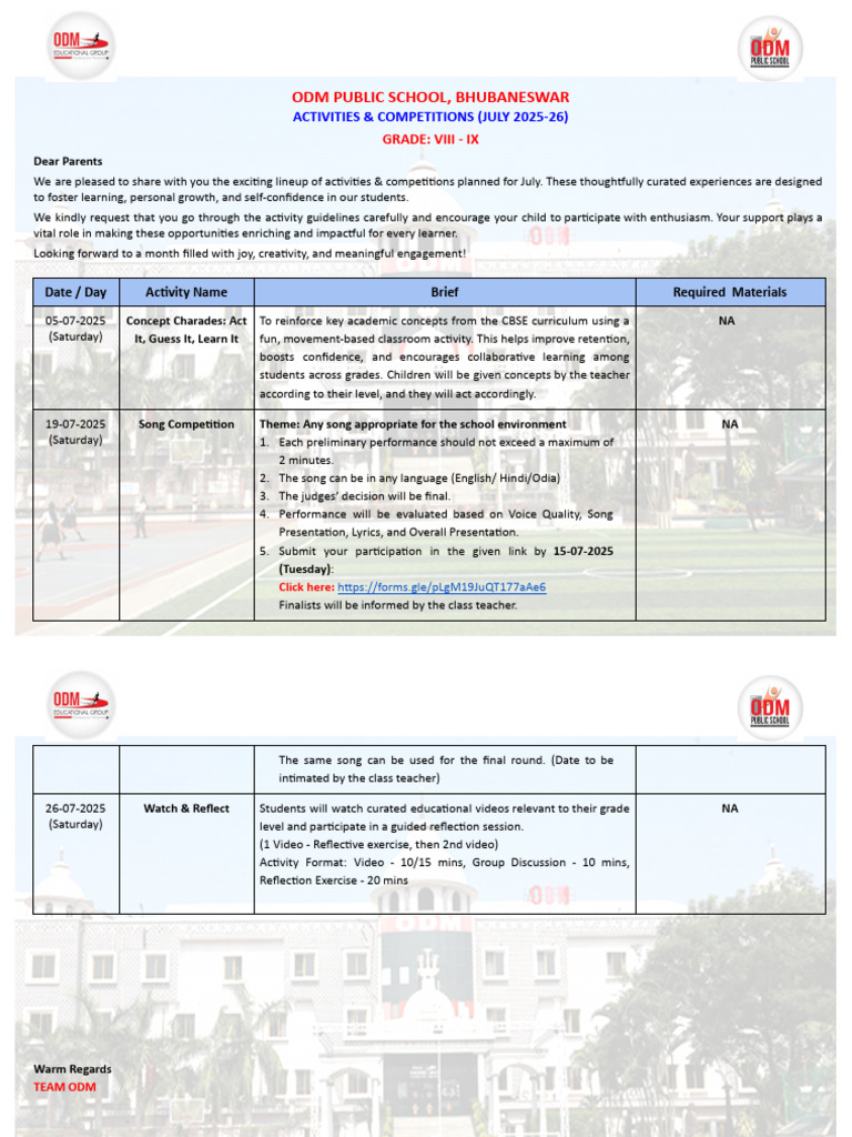 ODM School Activities for July 2025 | PDF | Psychological Concepts ...