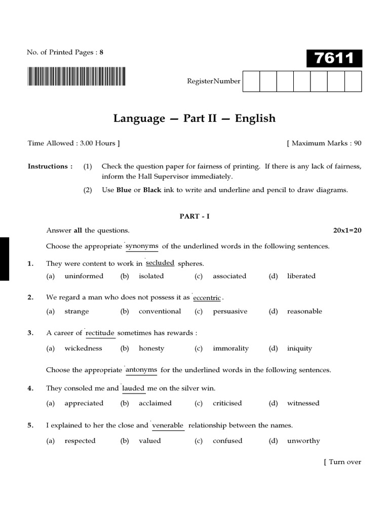 11th English Question Paper 2024 - Governmentexams - Co.in | PDF ...