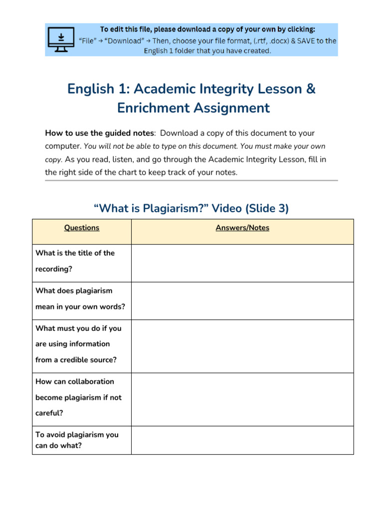 English 1 - AI Enrichment Assignment Guided Notes | PDF