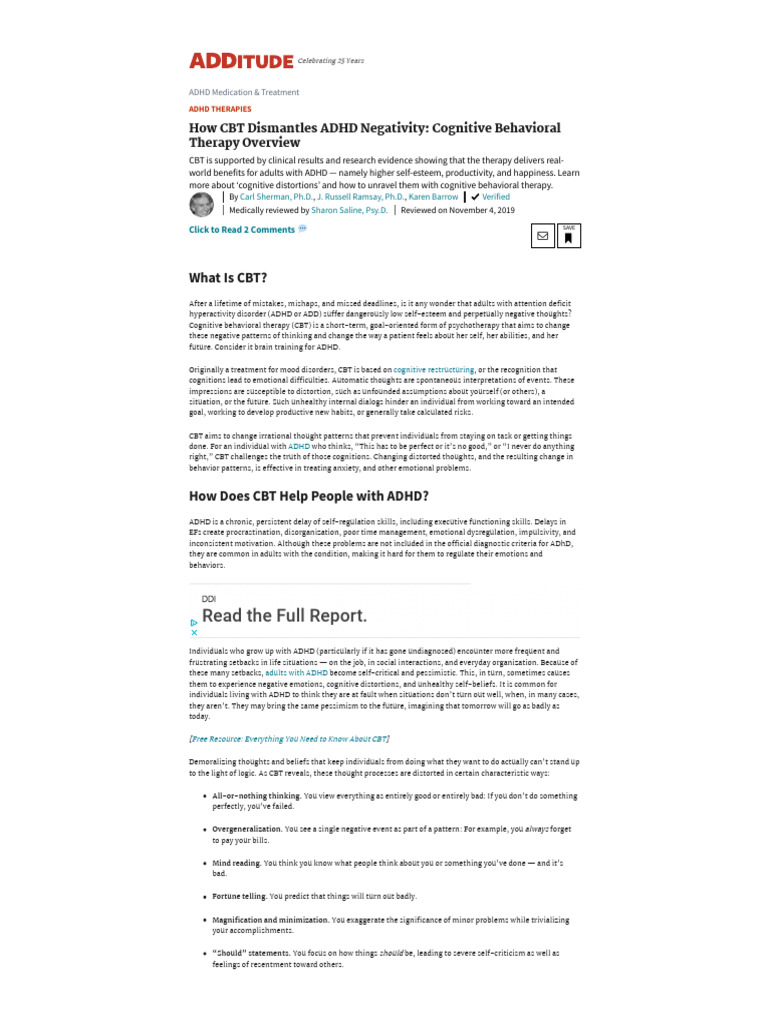 CBT For ADHD - Cognitive Behavioral Therapy For ADD Symptoms | PDF | Cognitive Behavioral ...