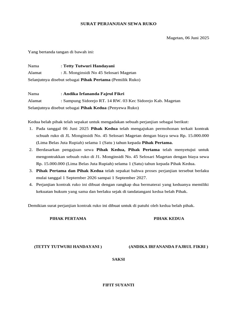 Surat Perjanjian Sewa Ruko Magetan | PDF