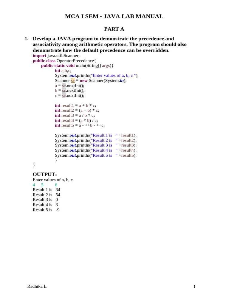 Mca Sem1 Java Lab Mannual | PDF | Computer Science | Object Oriented Programming