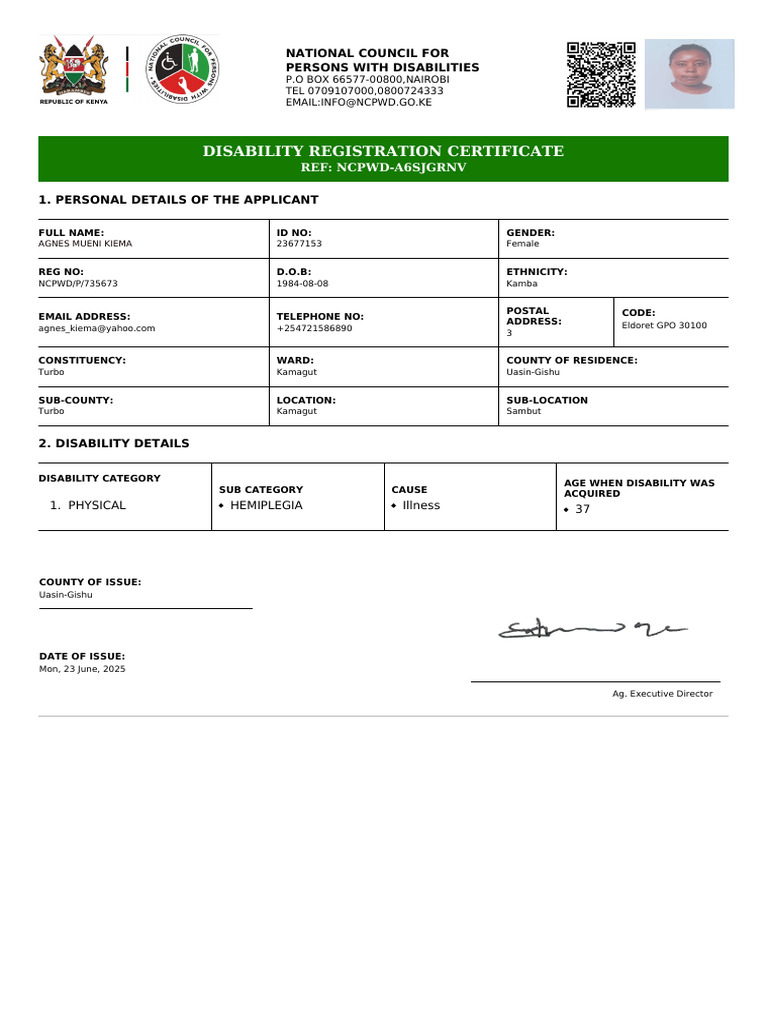 NCPWD A6SJGRNV Disability Registration Certificate | PDF