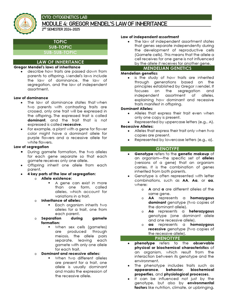 Cytology Lab - Gregor Mendel's Law of Inheritance | PDF | Dominance ...