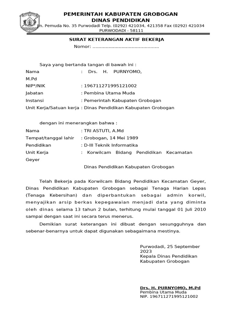 (Wajib Bagi Pelamar Khusus) Surat Keterangan Aktif Bekerja Tri Astuti | PDF