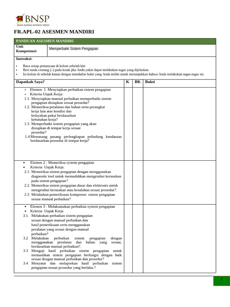 FR - Apl-02 Asesmen Mandiri | PDF