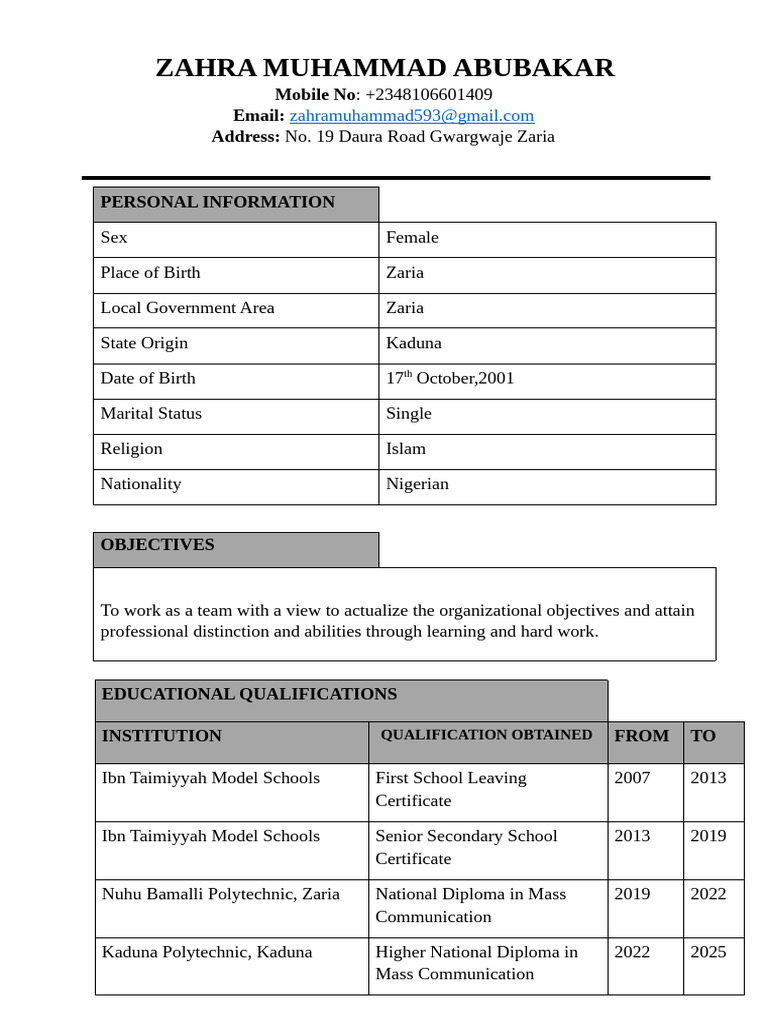 Zahra Muhammad Abubakar CV | PDF
