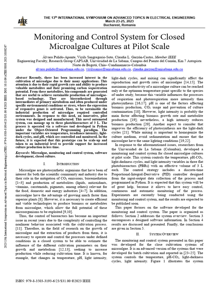 Monitoring and Control System For Closed Microalgae Cultures at Pilot Scale | PDF | Object ...