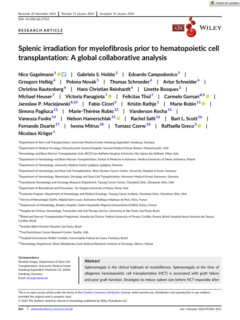 American J Hematol - 2024 - Gagelmann - Splenic Irradiation For ...