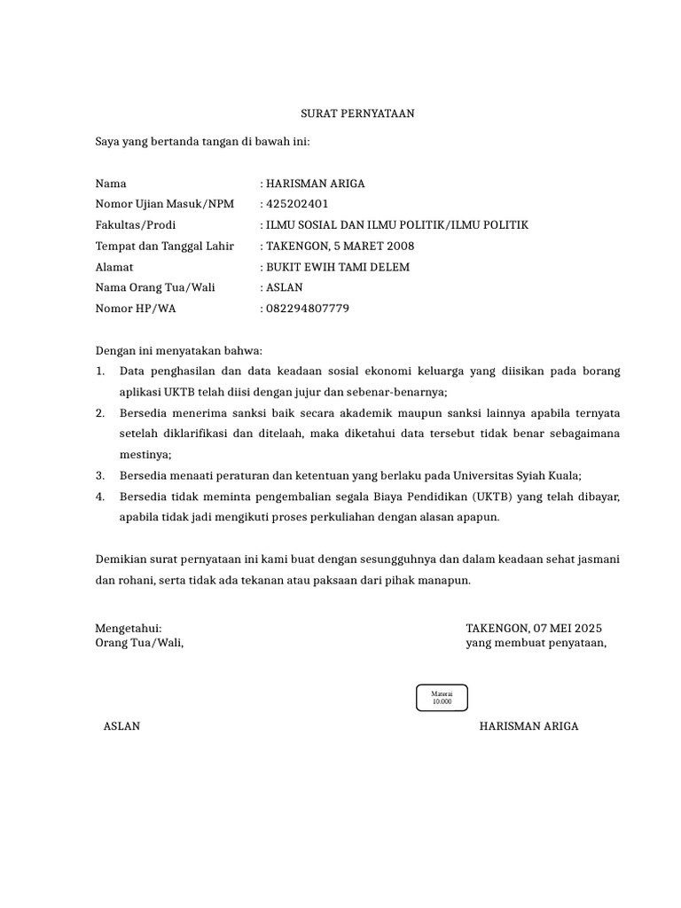 Surat Pernyataan UKTB Harisman Ariga | PDF