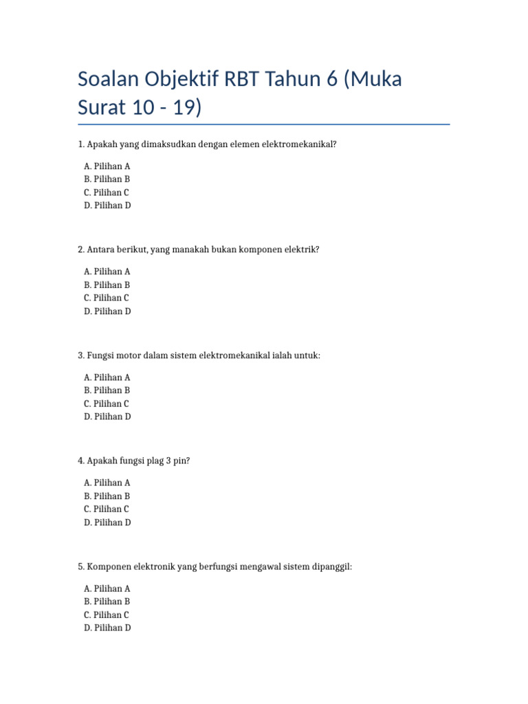 Soalan Objektif RBT T6 Ms10 19 SoalanSahaja | PDF
