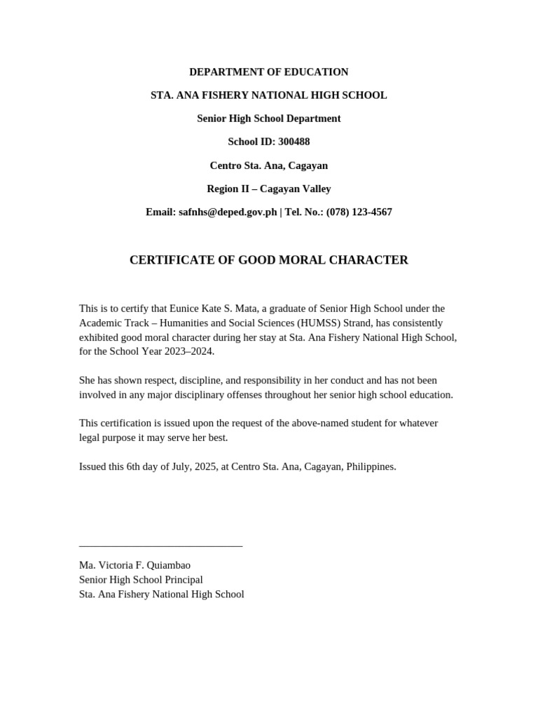 Certificate of Good Moral Character | PDF