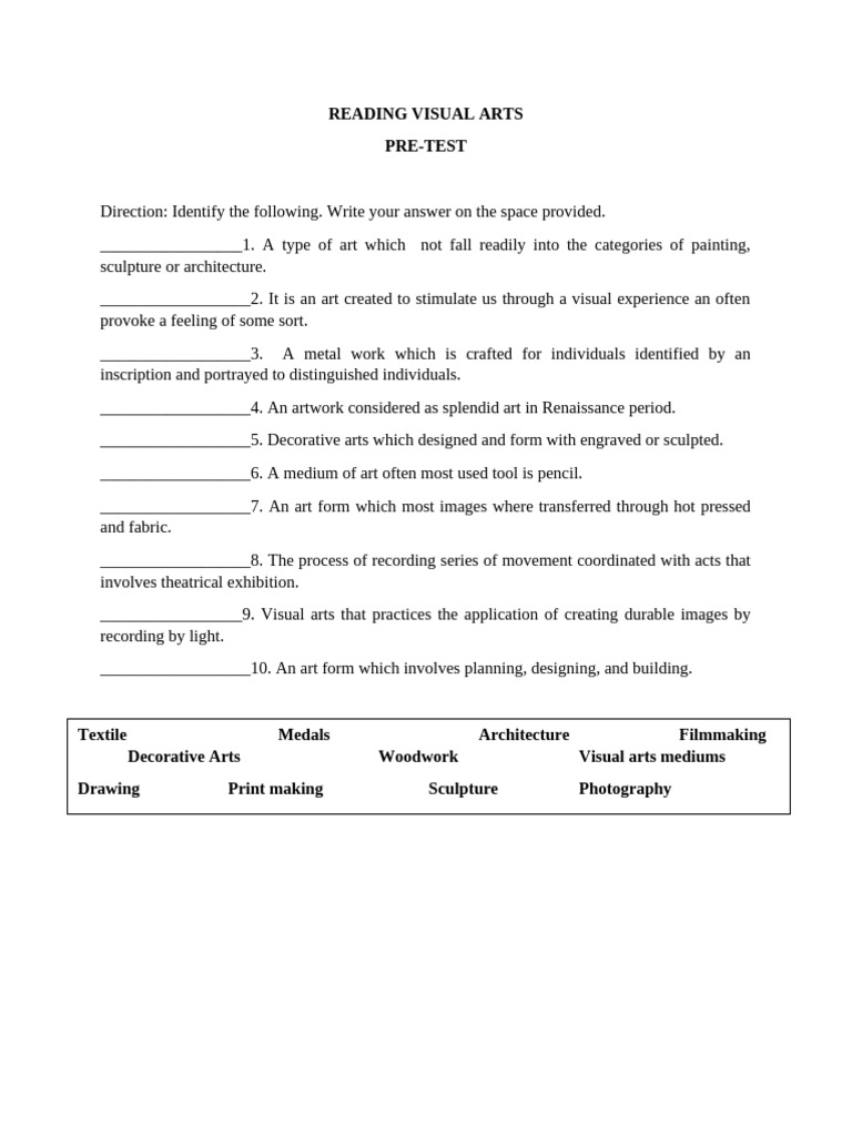 Reading Visual Arts Pre-Test | PDF