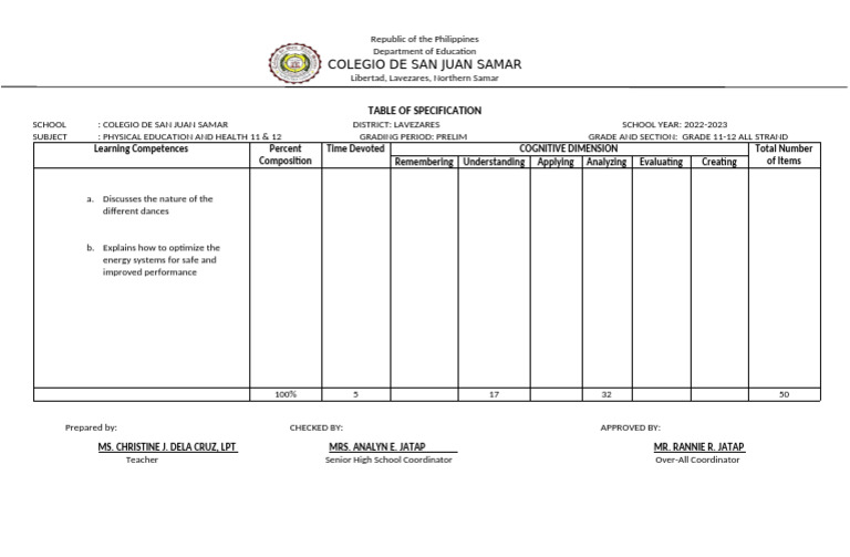 TOS SHS 12 Prelim Sy 24-25 | PDF