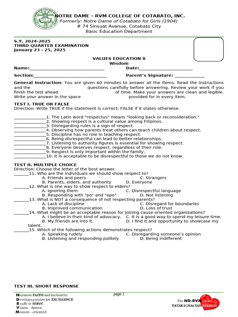 Grade 8 Values Education Exam Q3 | PDF | Essays | Multiple Choice