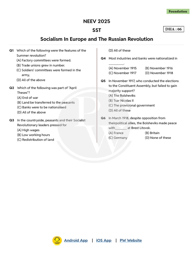 History - Socialism in Europe and The Russian Revolution - DHA 06 - Neev 2025 | PDF | Russian ...