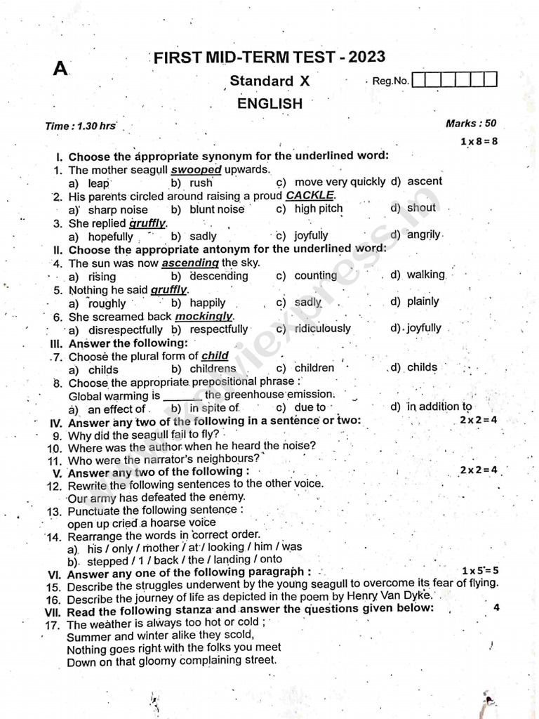 10th English - Kanchipuram 1st Mid Term Exam 2023 | PDF