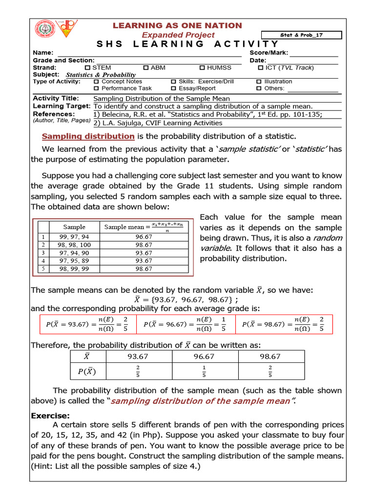 Stat - Prob LAS 17 Sampling Distribution of The Sample Means | PDF | Sampling (Statistics) | Mean