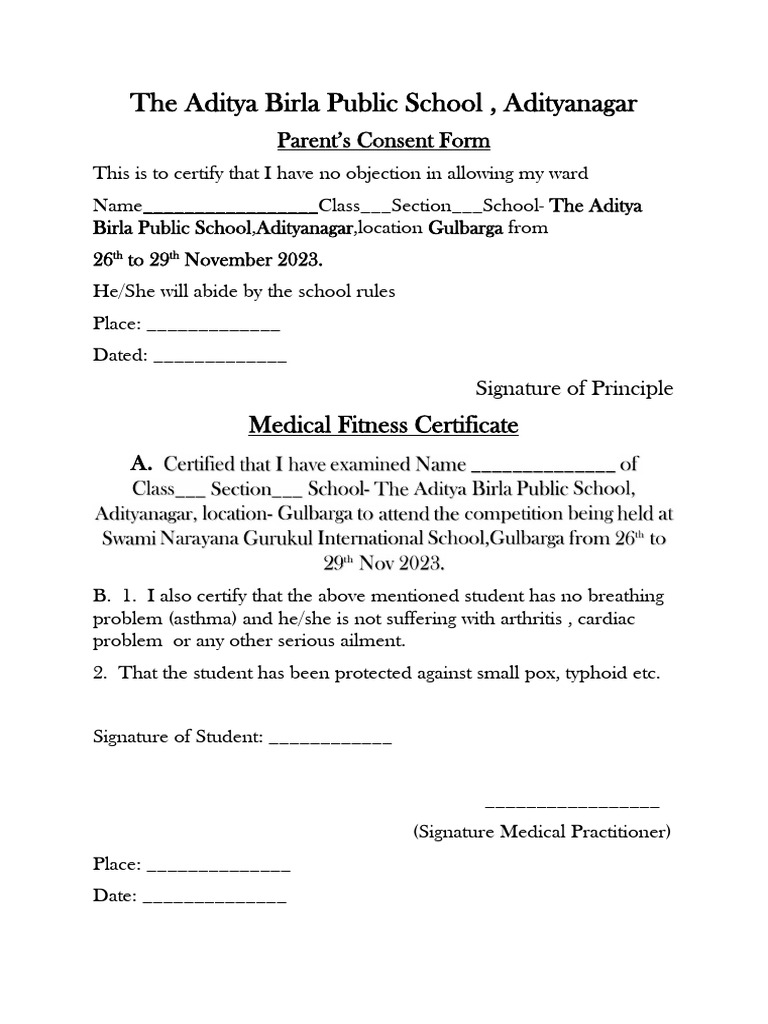 Aditya Birla School Parent Consent Form | PDF