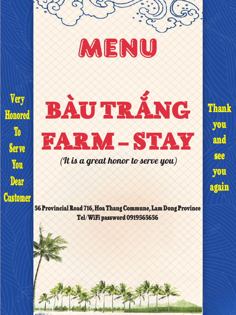 Tieng Anh Bàu Trắng Farm Stay Menu | PDF | Thai Cuisine | Grilling