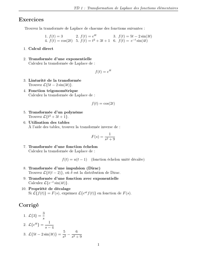 Transformée de Laplace : Exercices et Corrigés | PDF | Transformation ...