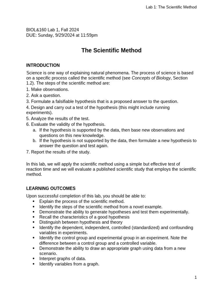 Lab 1 - The Scientific Method | PDF | Hypothesis | Experiment