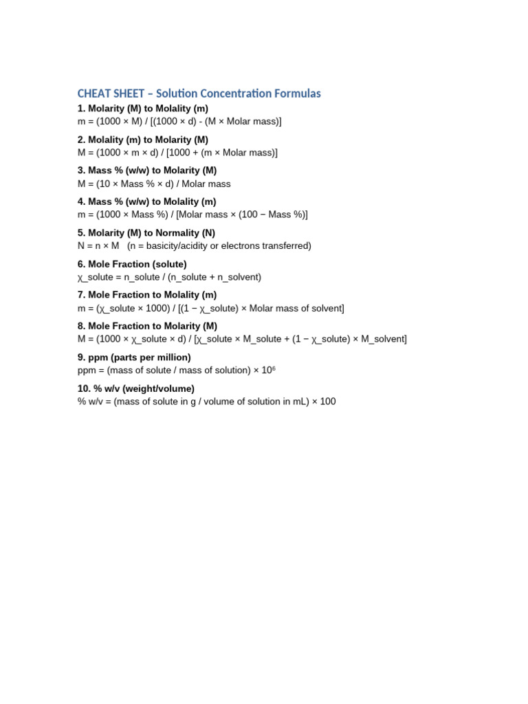 Solution Concentration Cheat Sheet | PDF