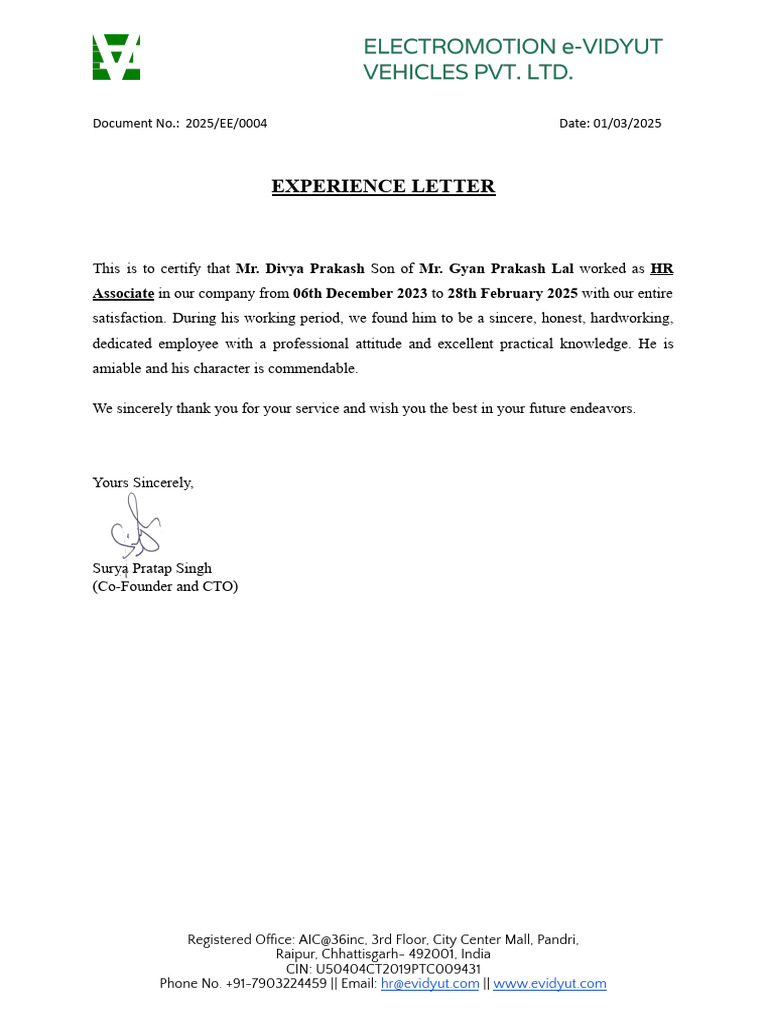 2025 EEVV-Experience Letter Divya Prakash | PDF