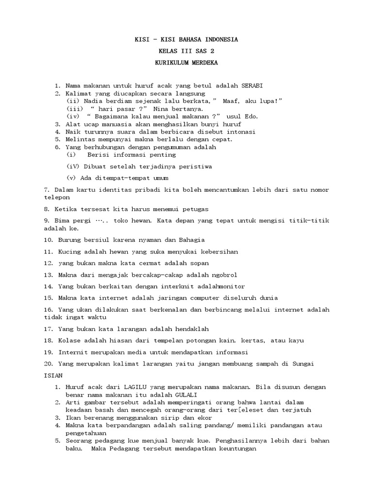 Kisi-Kisi Bind Merdeka Sas 2 Kls 3 2024-2025 | PDF