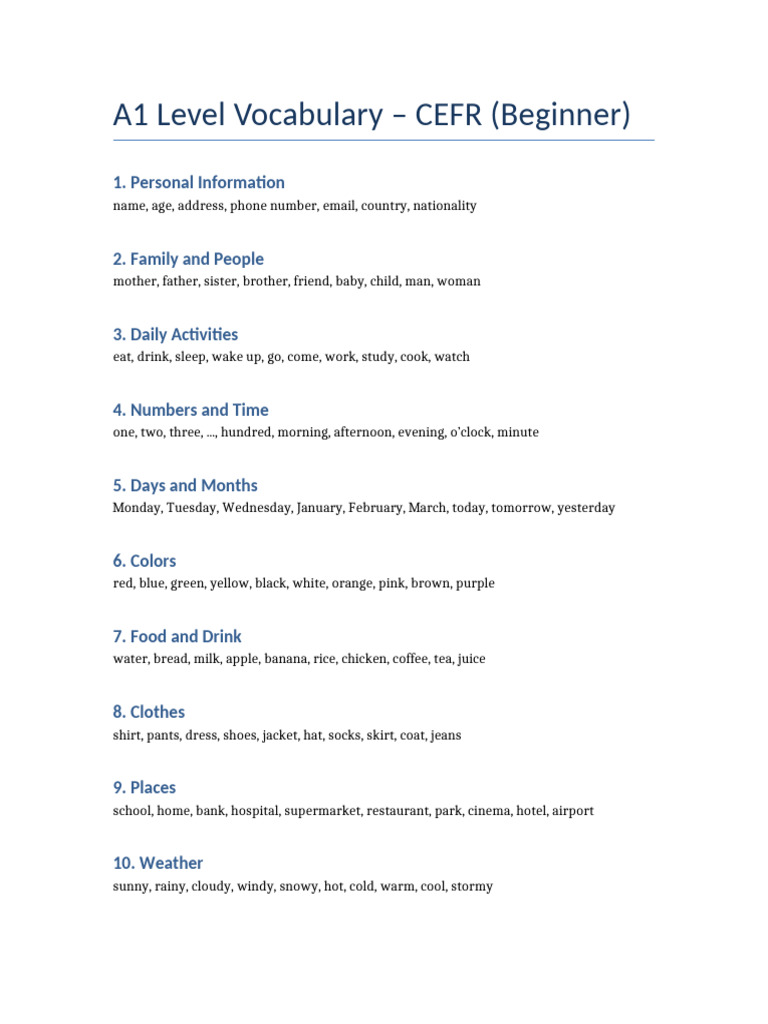 A1 Level English Vocabulary List | PDF